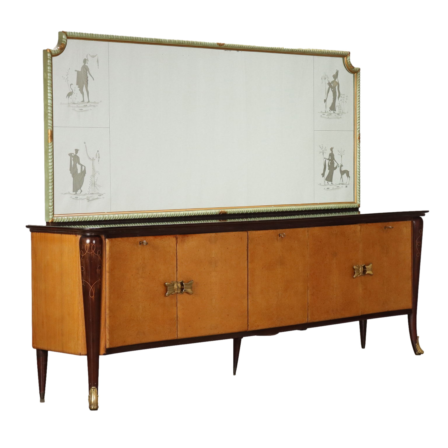 Mobile Buffet Vintage Italia Anni 50 Specchio decorato Legno radica Vetro Faggio