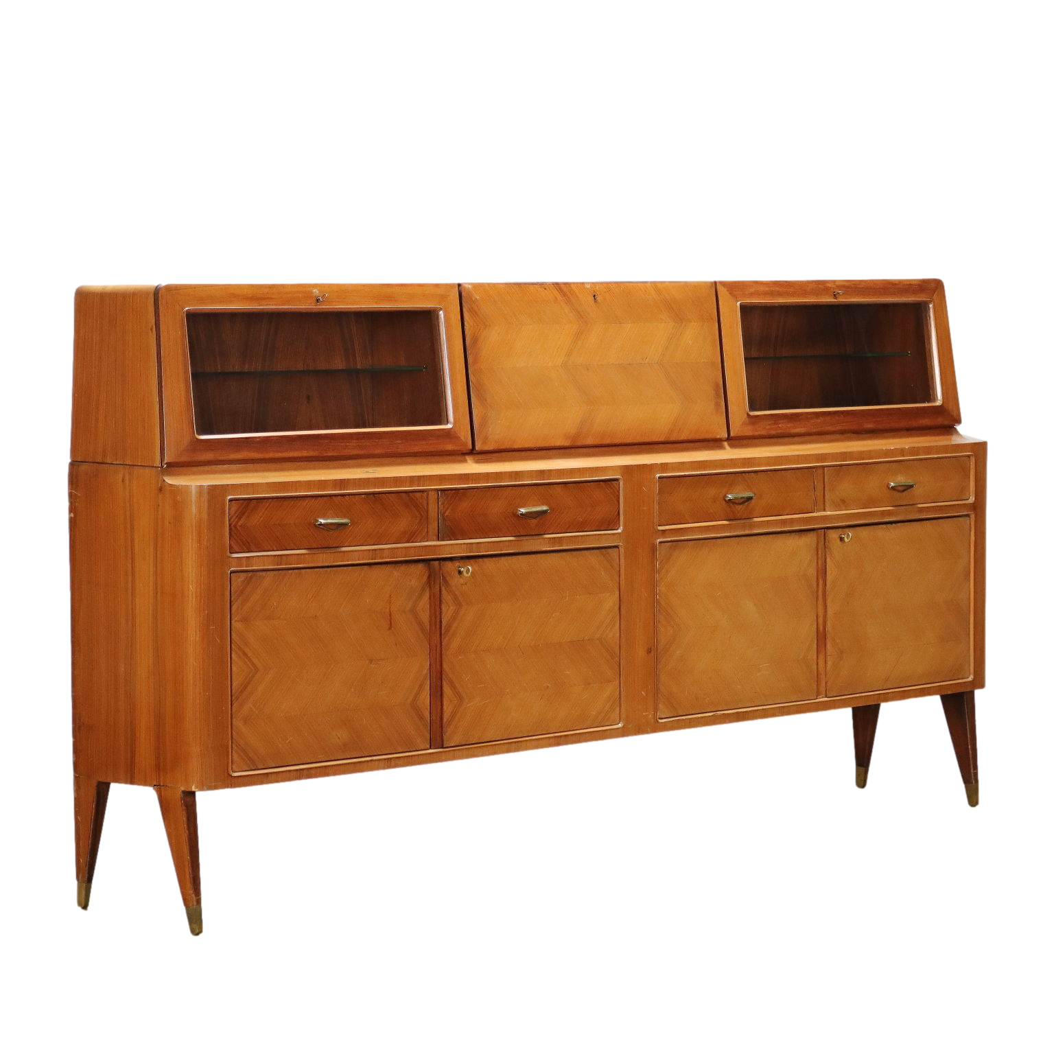 Mobile Credenza Antica Italia Anni 50 Ribalta Legno impiallacciato Vetro Ottone