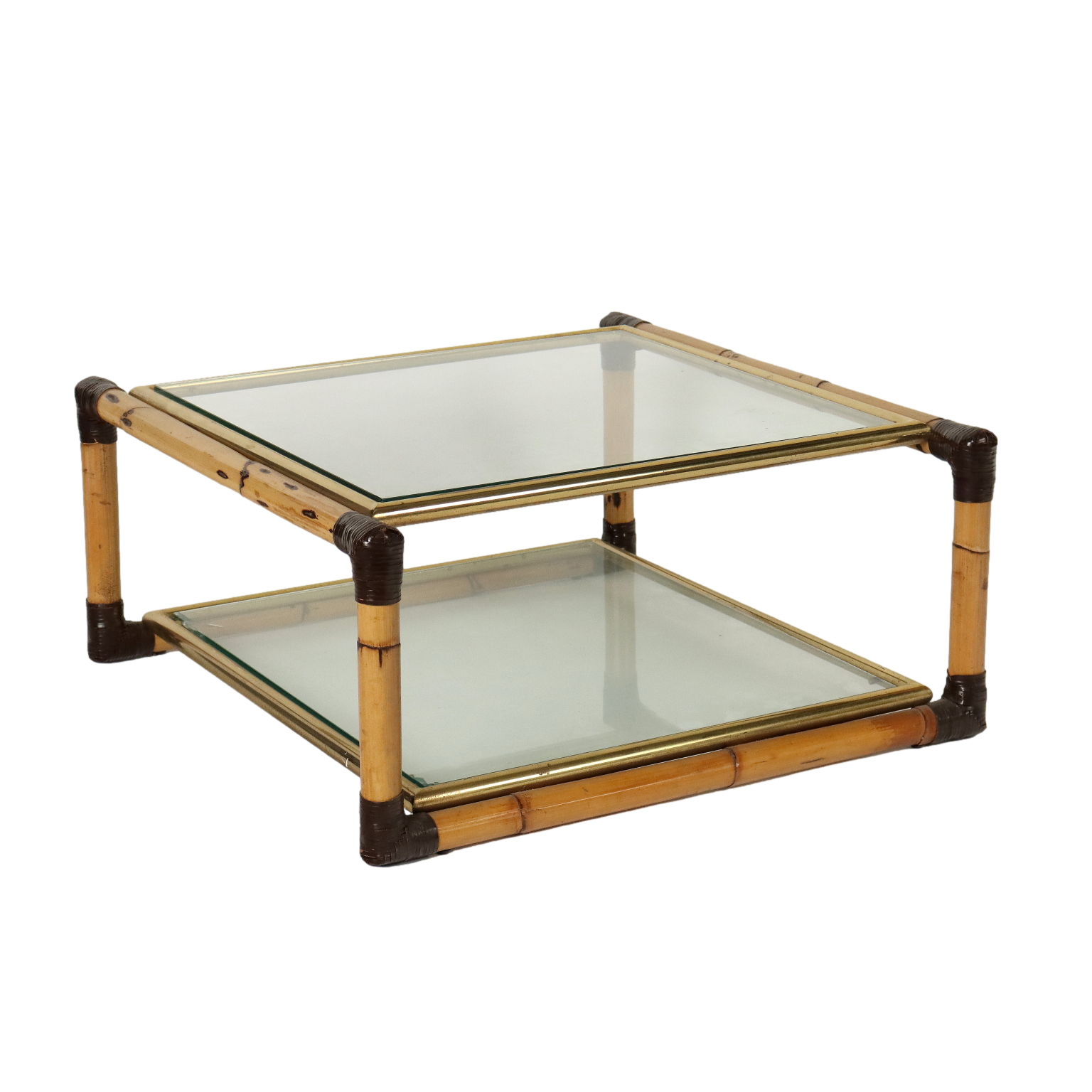 Tavolino Design Fabrizio Smania Italia Anni 80 Legno bambù Piano Vetro Ottone
